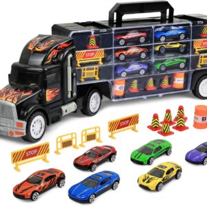 Click N' Play Truck Transport Carrier Toy for Boys and Girls, 15 Piece Hauler Truck with Cars, Road Signs, & More, Includes 28 Car Slots - Great Gift For Toddlers & Kids Age 3+, Black