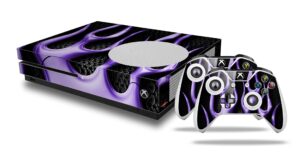 wraptorskinz decal vinyl skin wrap compatible with xbox one s console and controllers - metal flames purple