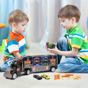 Click N' Play Truck Transport Carrier Toy for Boys and Girls, 15 Piece Hauler Truck with Cars, Road Signs, & More, Includes 28 Car Slots - Great Gift For Toddlers & Kids Age 3+, Black