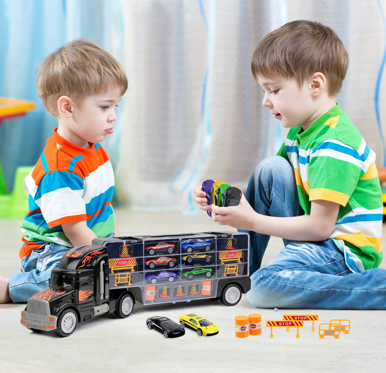 Click N' Play Truck Transport Carrier Toy for Boys and Girls, 15 Piece Hauler Truck with Cars, Road Signs, & More, Includes 28 Car Slots - Great Gift For Toddlers & Kids Age 3+, Black