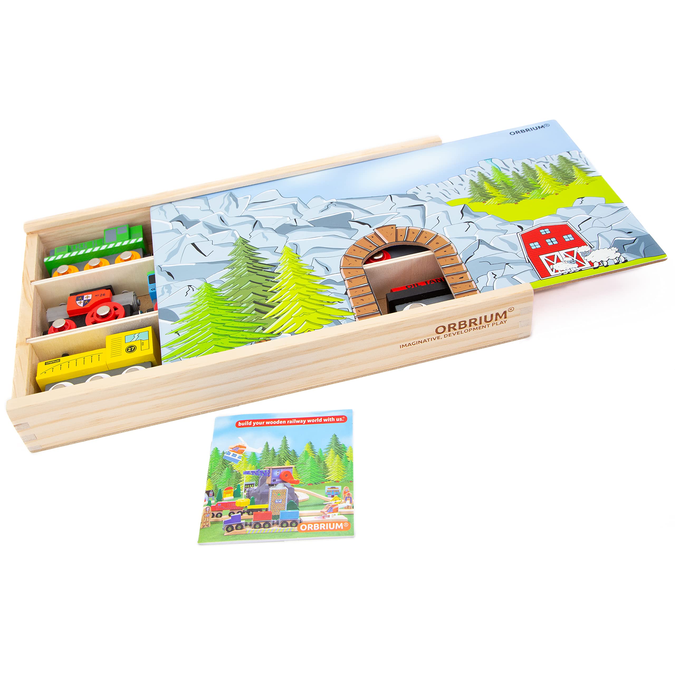 Orbrium 12 Wooden Train Cars Set with Wooden Storage Box with Box Cover Tunnel for 3,4,5,6,7 Years Old Compatible with Thomas & Friends Push-Along, Brio, IKEA, Imaginarium, Melissa and Doug