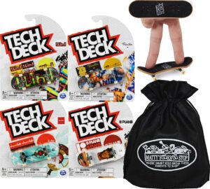 tech deck 96mm individual fingerboards bundle with matty's toy stop storage bag - pack of 4 (assorted styles)