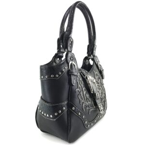 Justin West Western Floral Embroidery Studs Bling Rhinestone Buckle Shoulder Concealed Carry Handbag Purse (Black Large Tote)