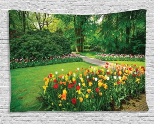 ambesonne garden tapestry, garden with tulip flowers and trees springtime in keukenhof netherlands europe, wide wall hanging for bedroom living room dorm, 60" x 40", green red