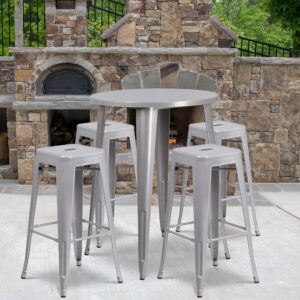 flash furniture commercial grade 30" round silver metal indoor-outdoor bar table set with 4 square seat backless stools