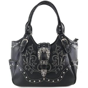 justin west western floral embroidery studs bling rhinestone buckle shoulder concealed carry handbag purse (black large tote)