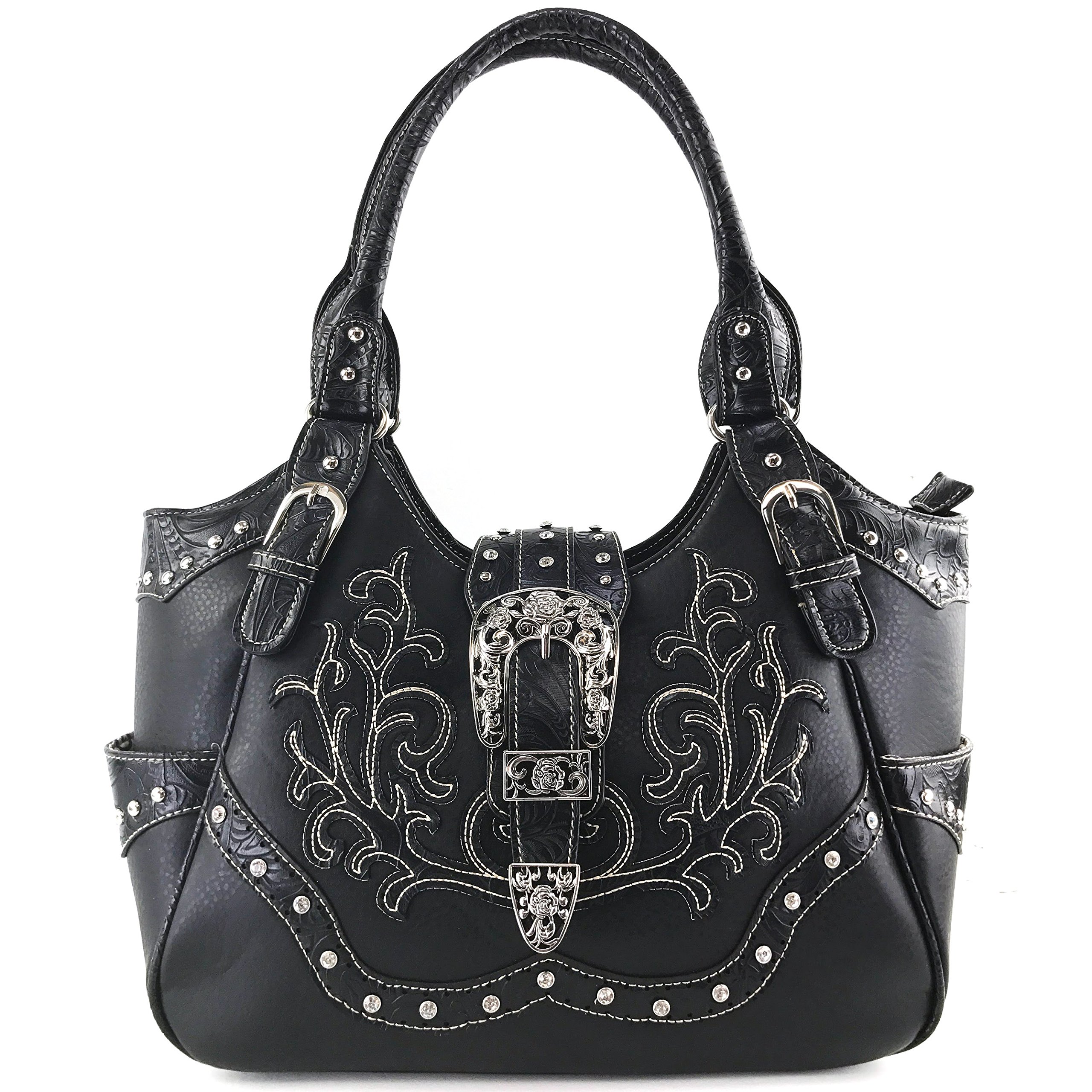 Justin West Western Floral Embroidery Studs Bling Rhinestone Buckle Shoulder Concealed Carry Handbag Purse (Black Large Tote)