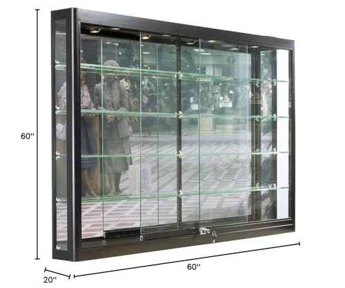 Displays2go Aluminum Display Cabinet for Retail with Lighting, Tempered Glass Shelves – Black (WC606LEDB)