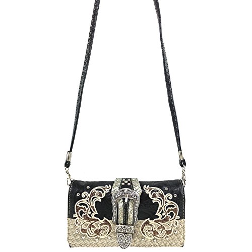 Justin West Gleaming Western Tooled Rhinestone Buckle Floral Embroidery Chain Shoulder Handbag Purse Concealed Carry (Black handbag and wallet)