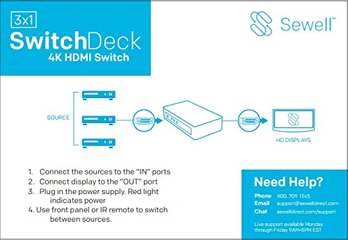 SwitchDeck, 4K HDMI 2.0 Switch by Sewell, 3x1 Distribution Amplifier, 4K at 60Hz, 3D, HDCP 2.2, 4:4:4 Chroma