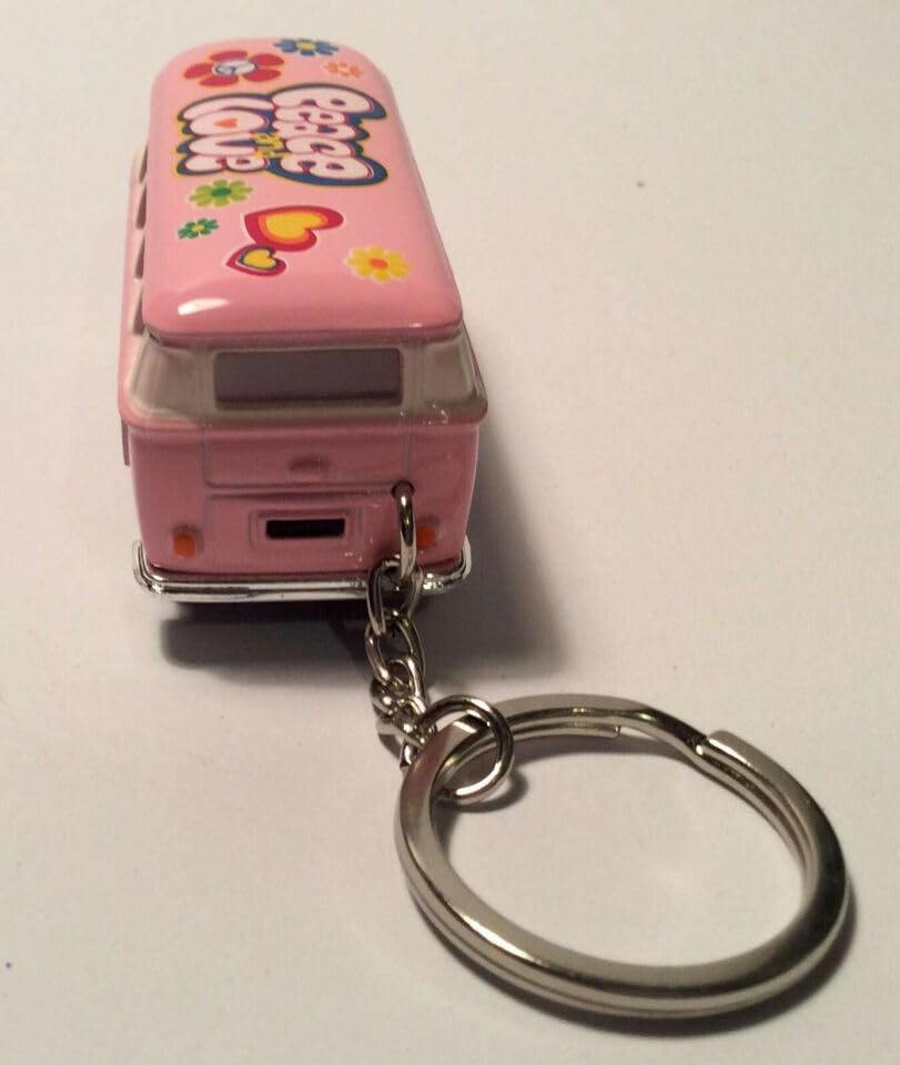 KiNSMART 1962 Volkswagen Classic Hippie Love & Peace Bus 1:64 Scale 2.5 Inch Die Cast Metal Model Key Chain, Pullback Action, Pastel Pink