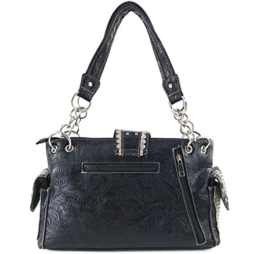 Justin West Gleaming Western Tooled Rhinestone Buckle Floral Embroidery Chain Shoulder Handbag Purse Concealed Carry (Black handbag and wallet)