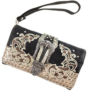 Justin West Gleaming Western Tooled Rhinestone Buckle Floral Embroidery Chain Shoulder Handbag Purse Concealed Carry (Black handbag and wallet)