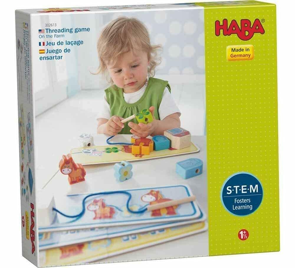 HABA On The Farm Threading Game with 10 Chunky Wooden Lacing Figures & 4 Templates (Made in Germany)