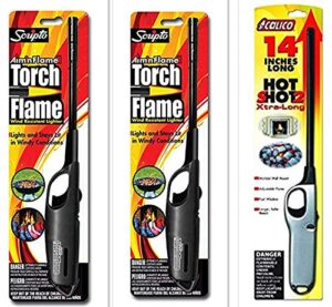 3 pack combo - 2 pack scripto multi purpose wind resistant lighter (assorted color) + 1 pack calico hot shot 2 xtra long for camping grilling home, adjustable flame