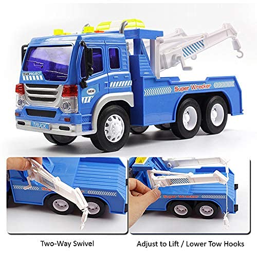 Liberty Imports Friction Powered Wrecker Tow Truck Toy Towing Play Vehicle with Lights and Sounds (Double Hooks)