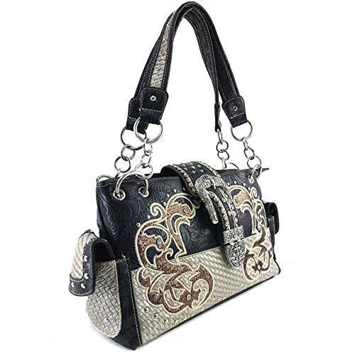 Justin West Gleaming Western Tooled Rhinestone Buckle Floral Embroidery Chain Shoulder Handbag Purse Concealed Carry (Black handbag and wallet)