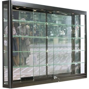 Displays2go Aluminum Display Cabinet for Retail with Lighting, Tempered Glass Shelves – Black (WC606LEDB)