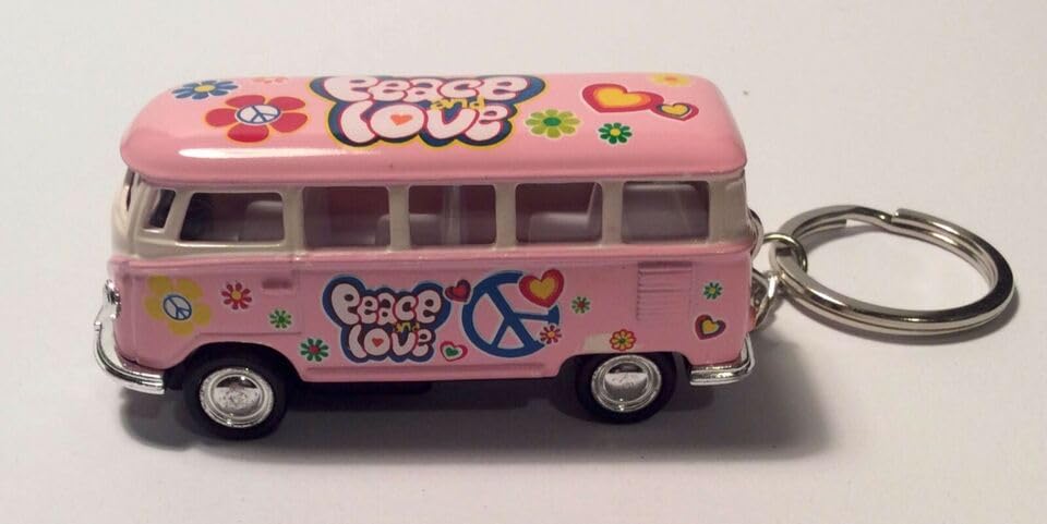 KiNSMART 1962 Volkswagen Classic Hippie Love & Peace Bus 1:64 Scale 2.5 Inch Die Cast Metal Model Key Chain, Pullback Action, Pastel Pink