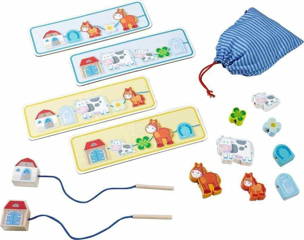 HABA On The Farm Threading Game with 10 Chunky Wooden Lacing Figures & 4 Templates (Made in Germany)