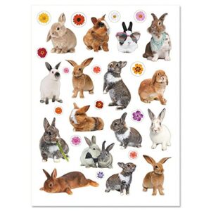 current bunny and flowers sticker set - 60 stickers, two 8-1/2" x 11" sheets, easter basket stuffers, holiday arts and crafts, fun for kids, spring themed gifts, party favors