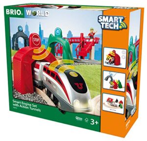 brio world - 33873 smart tech engine set with action tunnels | 17 piece train toy with accessories and wooden tracks for kids age 3 and up