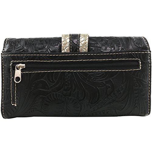 Justin West Gleaming Western Tooled Rhinestone Buckle Floral Embroidery Chain Shoulder Handbag Purse Concealed Carry (Black handbag and wallet)