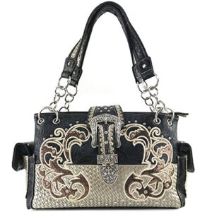 Justin West Gleaming Western Tooled Rhinestone Buckle Floral Embroidery Chain Shoulder Handbag Purse Concealed Carry (Black handbag and wallet)