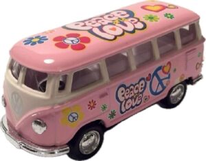 kinsmart 1962 volkswagen classic hippie love & peace bus 1:64 scale 2.5 inch die cast metal model key chain, pullback action, pastel pink