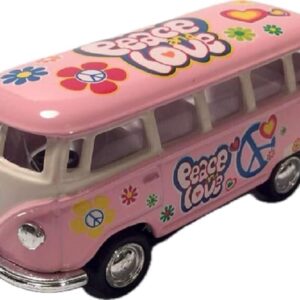 KiNSMART 1962 Volkswagen Classic Hippie Love & Peace Bus 1:64 Scale 2.5 Inch Die Cast Metal Model Key Chain, Pullback Action, Pastel Pink