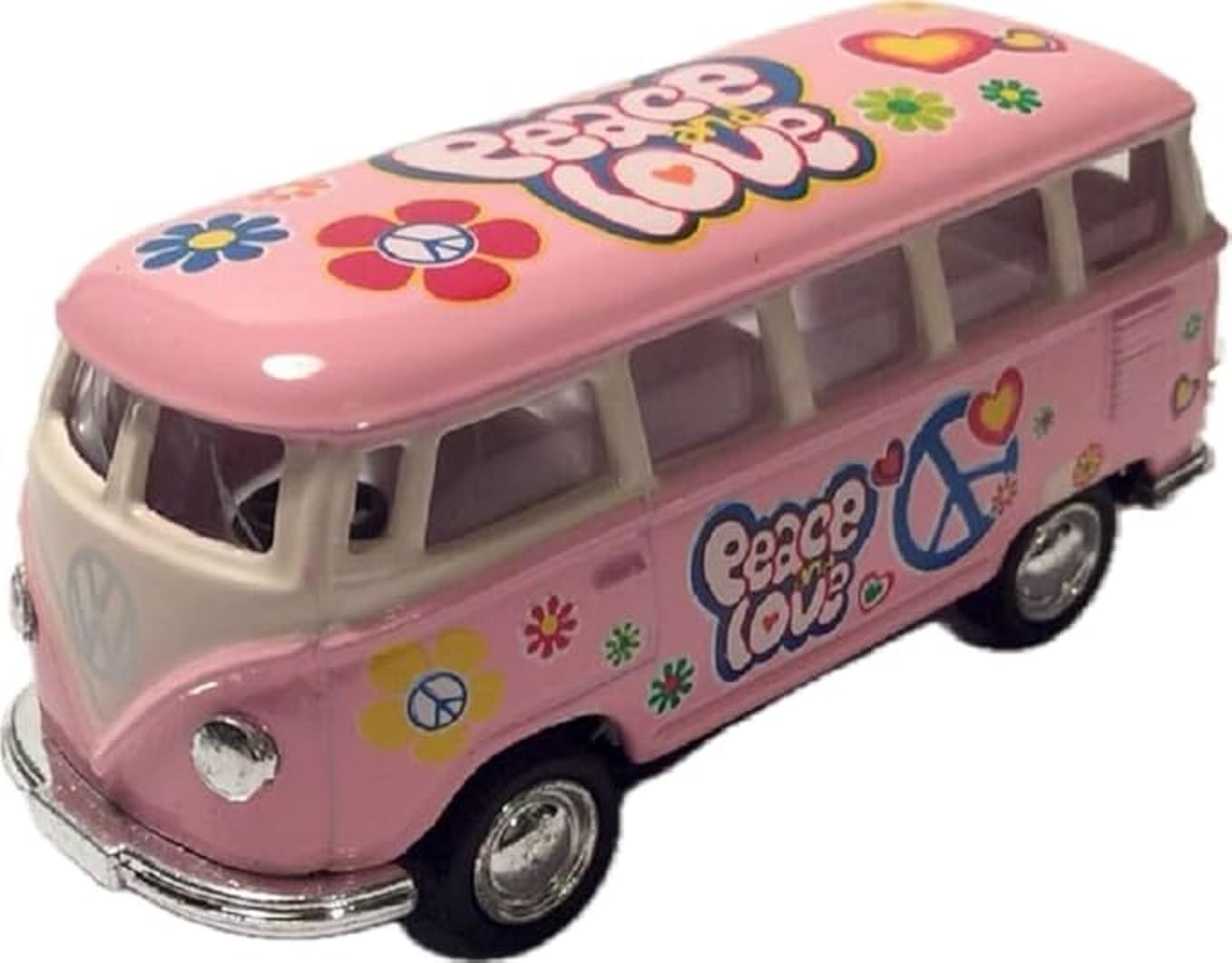 KiNSMART 1962 Volkswagen Classic Hippie Love & Peace Bus 1:64 Scale 2.5 Inch Die Cast Metal Model Key Chain, Pullback Action, Pastel Pink