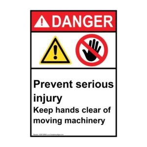 compliancesigns.com danger prevent serious injury keep hands clear of moving machinery ansi safety label decal, 5x3.5 in. vinyl 4-pack