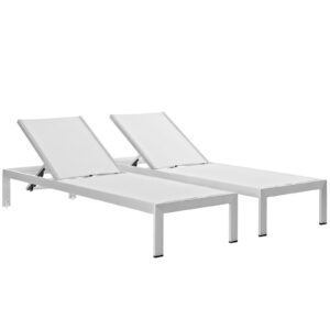 modway shore aluminum textilene® mesh outdoor patio two poolside chaise lounge chairs in silver white