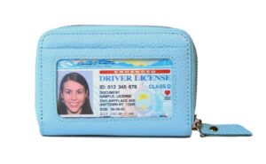 kalmore women's leather rfid card wallet small purse window, turquoise blue, one zipper with id