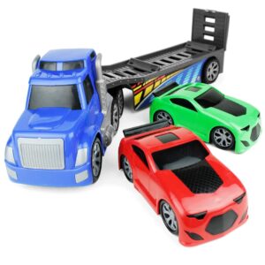 boley big truck hauler playset - car transporter trailer with 2 race cars included - big toy car carrier truck for kids and toddlers! - ages 3 and up!