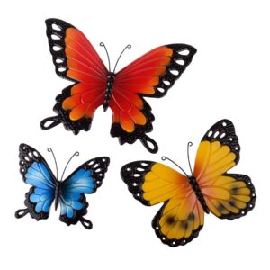 craftycrocodile butterfly wall decor - metal decorations for indoor or outdoor walls - farmhouse-style ornaments for home interior, patio, porch, deck, garden - set of 3 yellow, red & blue butterflies