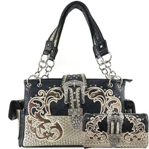 justin west gleaming western tooled rhinestone buckle floral embroidery chain shoulder handbag purse concealed carry (black handbag and wallet)