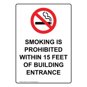 compliancesigns.com vertical smoking is prohibited within 15 feet of building entrance label decal, 5x3.5 in. 4-pack vinyl for no smoking