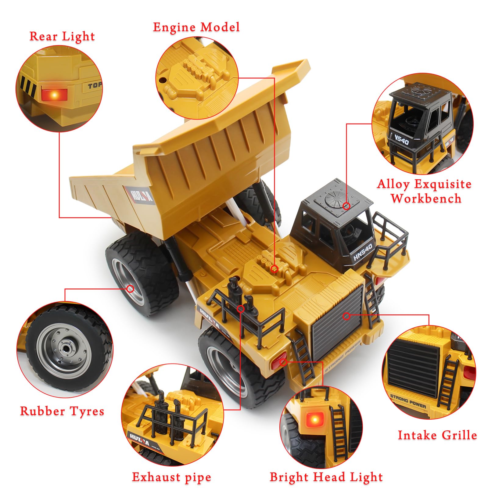 fisca Remote Control Dump Truck 2.4Ghz RC Truck 9 Channel 4WD Mine Construction Vehicle Toy with LED Light and Metal Cab for Kids Age 5 6 7 8 9 and Up Years Old