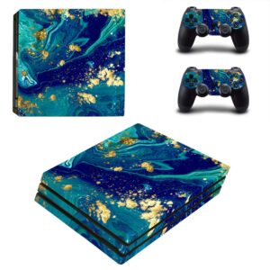 zoomhitskins compatible for ps 4 pro console and controller skins, gold golden dore aqua space galaxy comet nugget marble universe, durable, bubble-free, 1 console skin 2 controller skins