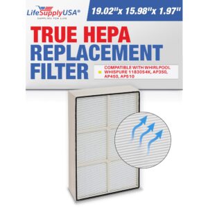 true hepa air cleaner filter replacement 1183054k compatible with whirlpool whispure ap350, ap450, ap510 air cleaners, 19"x16"x2" inches by lifesupplyusa