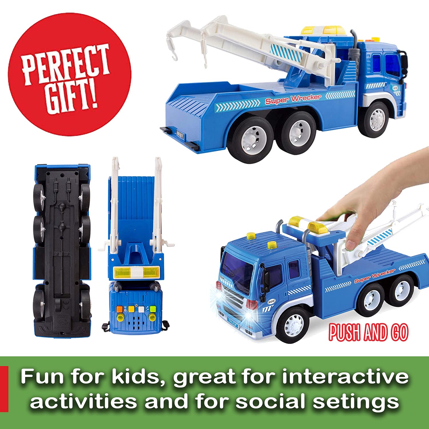 Liberty Imports Friction Powered Wrecker Tow Truck Toy Towing Play Vehicle with Lights and Sounds (Double Hooks)