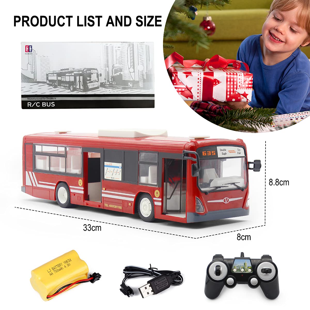 fisca RC Truck Remote Control Bus, 6 CH 2.4G Car Electronic Vehicles Opening Doors and Acceleration Function Toys for Kids with Sound and Light (Red)