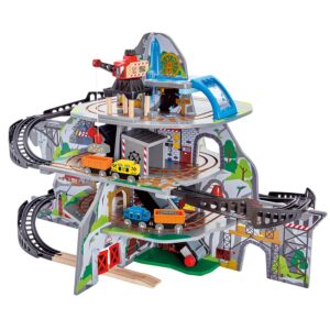 Hape Wooden Railway Mighty Mountain Mine Railway Playset| 4-Level Railway Train Track Playset with Crane and Magnetic Train Cars for Kids