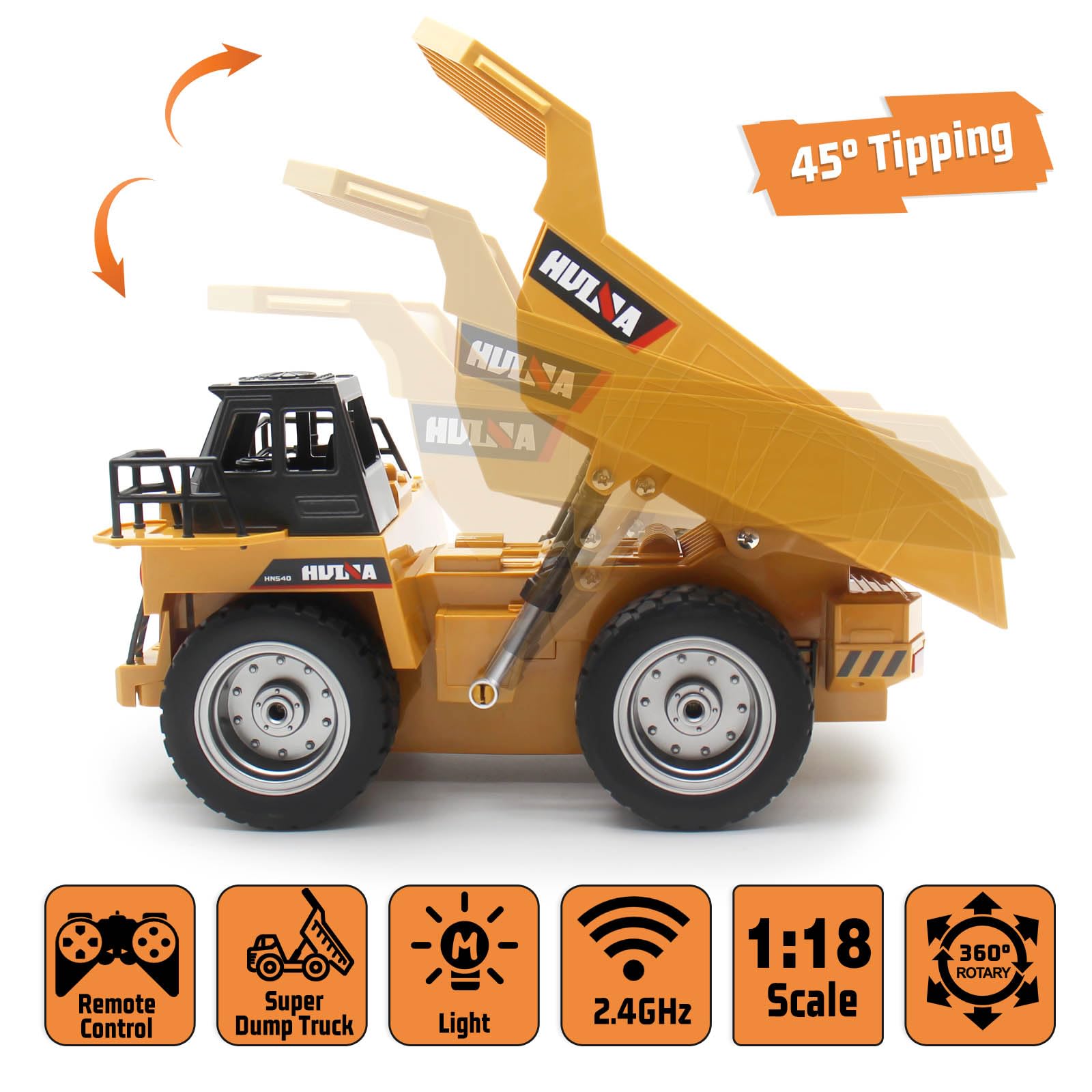 fisca Remote Control Dump Truck 2.4Ghz RC Truck 9 Channel 4WD Mine Construction Vehicle Toy with LED Light and Metal Cab for Kids Age 5 6 7 8 9 and Up Years Old