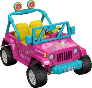 fisher-price power wheels battery powered barbie jeep wrangler car with steering wheel, music playing radio, roll bar, and power lock brakes