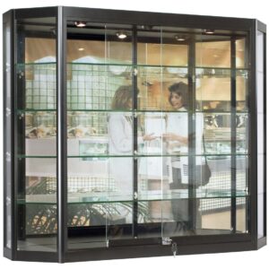 Displays2go Black Glass Wall Hanging Store Case, Aluminum, Tempered Glass Shelves – Black (WC4712LEDB)