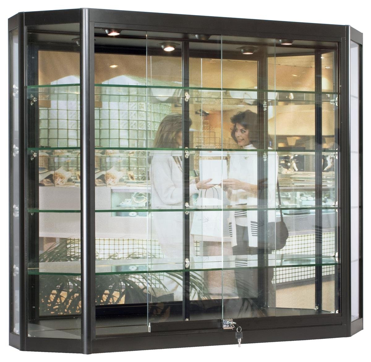 Displays2go Black Glass Wall Hanging Store Case, Aluminum, Tempered Glass Shelves – Black (WC4712LEDB)