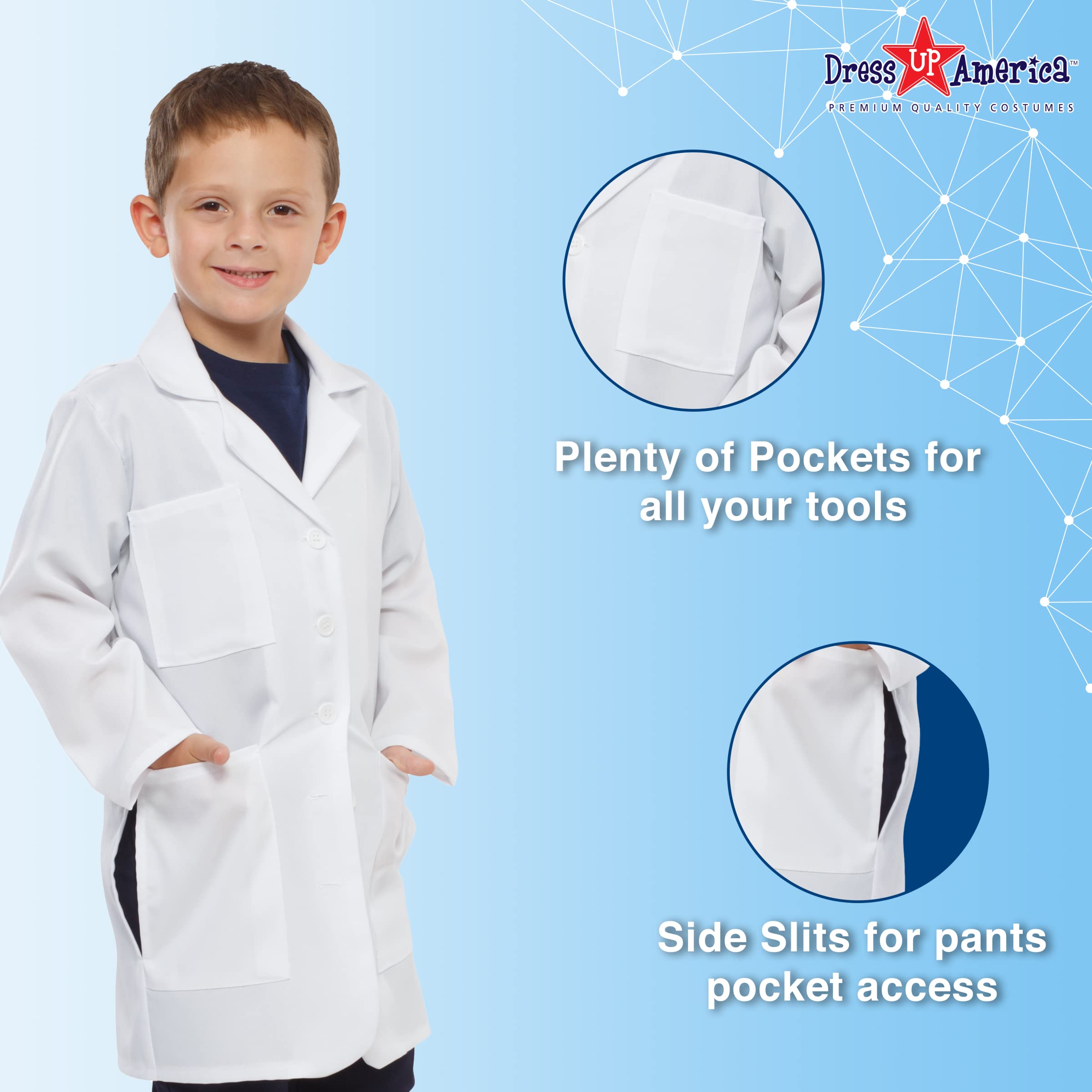 Dress Up America Lab Coat for Kids - Doctor's White Lab Coat Costume for Girls and Boys - 3/4 Length Lightweight Lab Coat