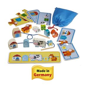 HABA On The Farm Threading Game with 10 Chunky Wooden Lacing Figures & 4 Templates (Made in Germany)